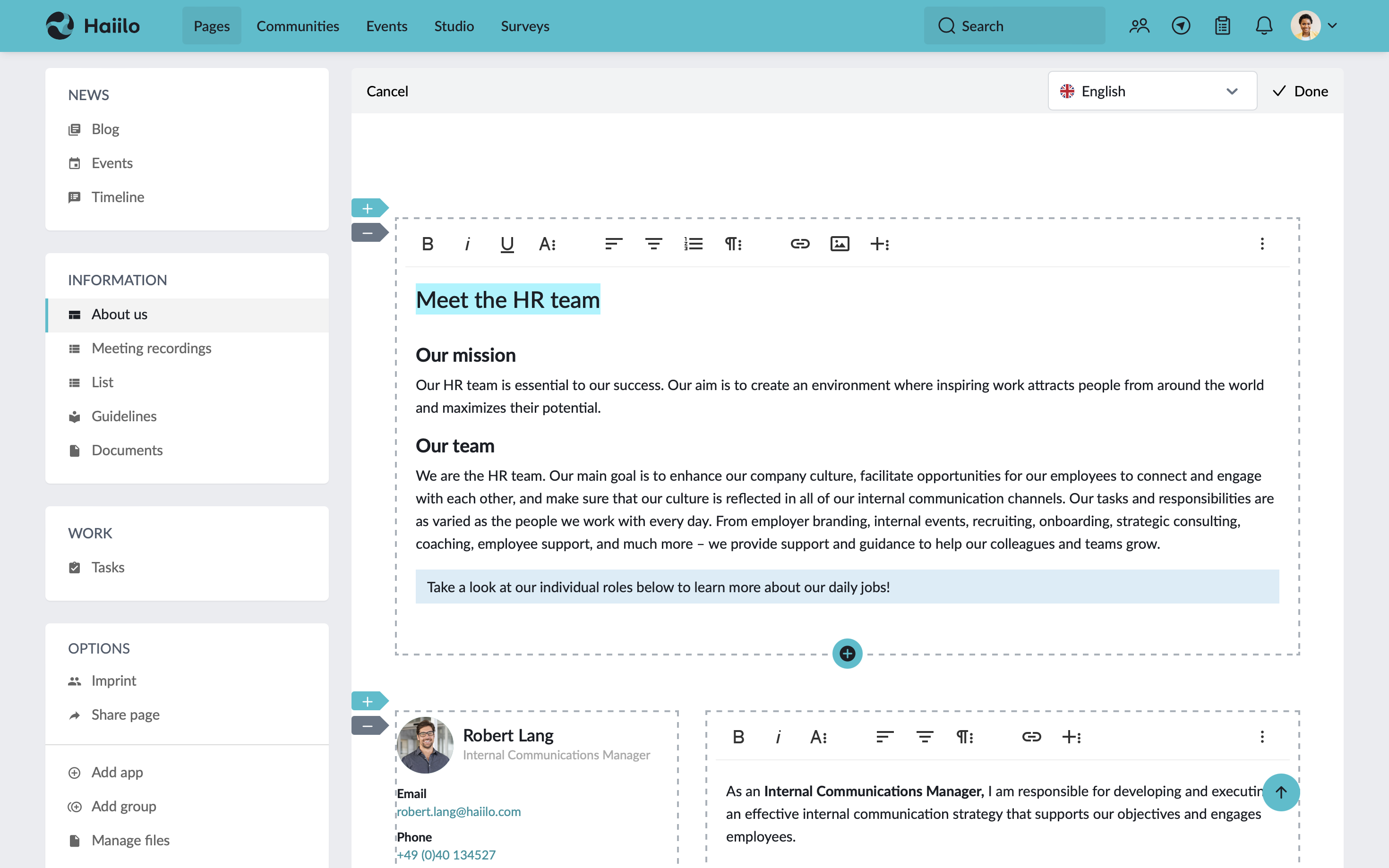 Rich text editor widget – Haiilo Support Center