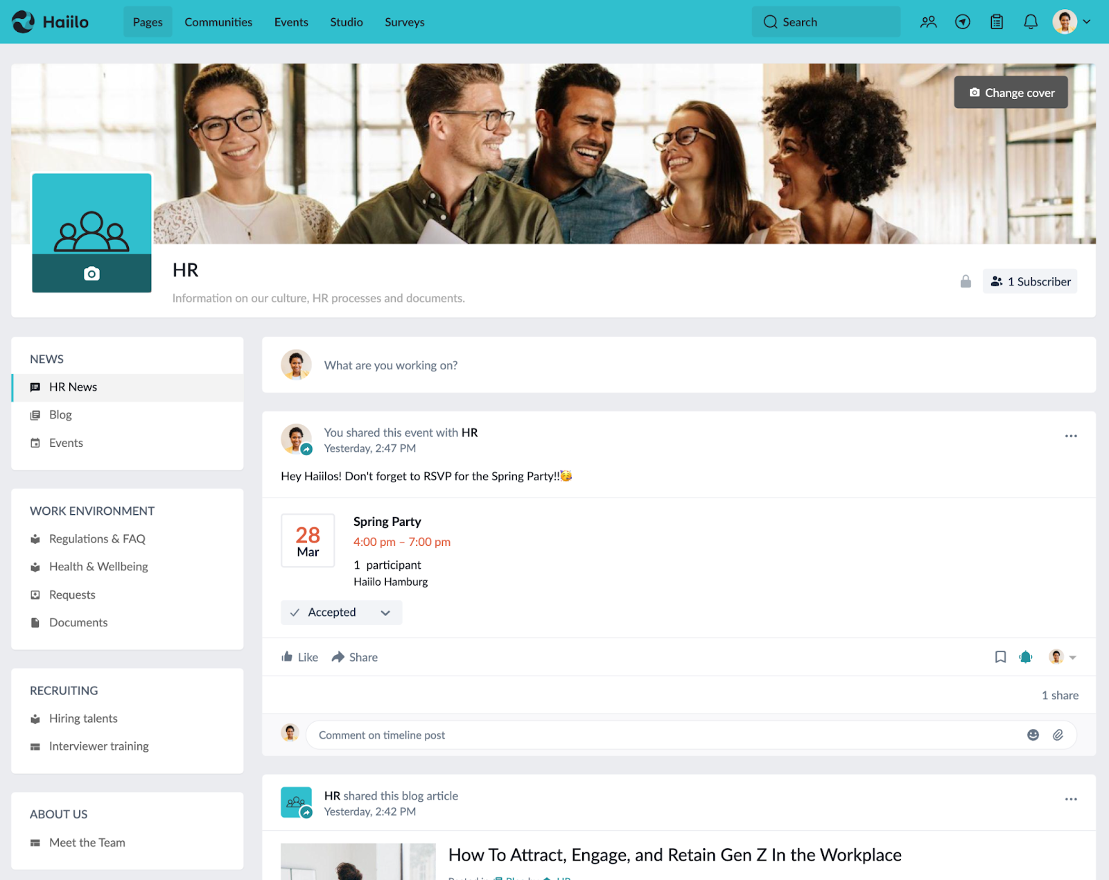 Example: Department page – Haiilo Support Center