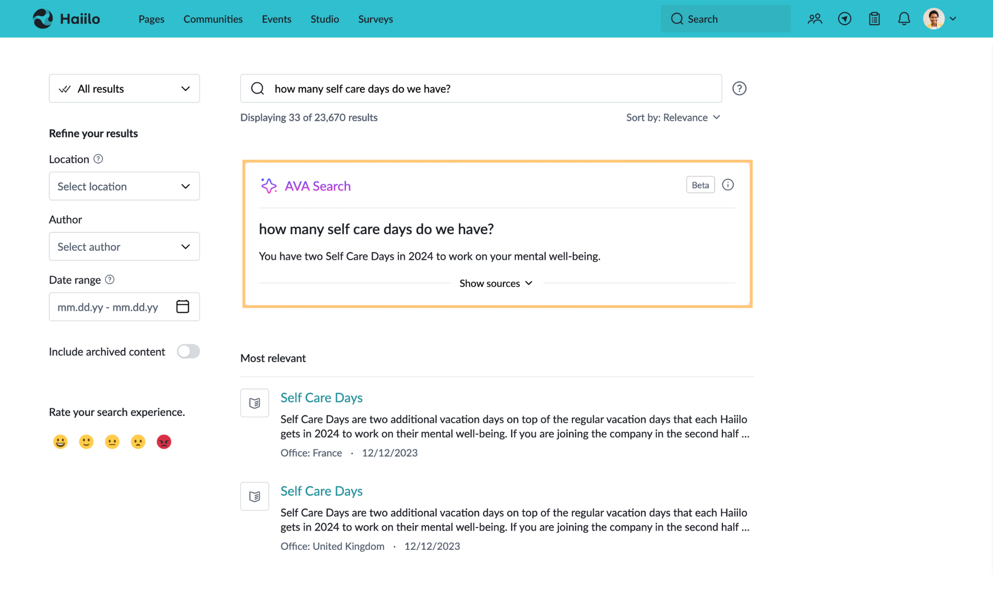 Using AVA in the Global Search – Haiilo Support Center
