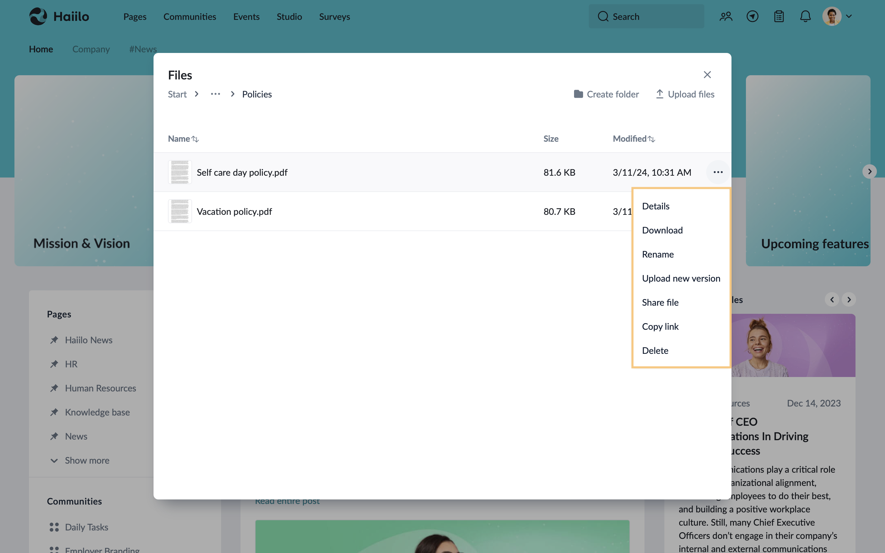 Interacting with files – Haiilo Support Center