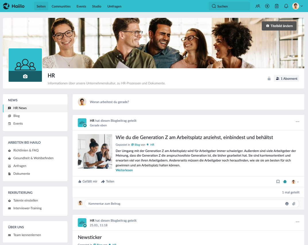 Beispiel: Abteilungs-Seite – Haiilo Support Center