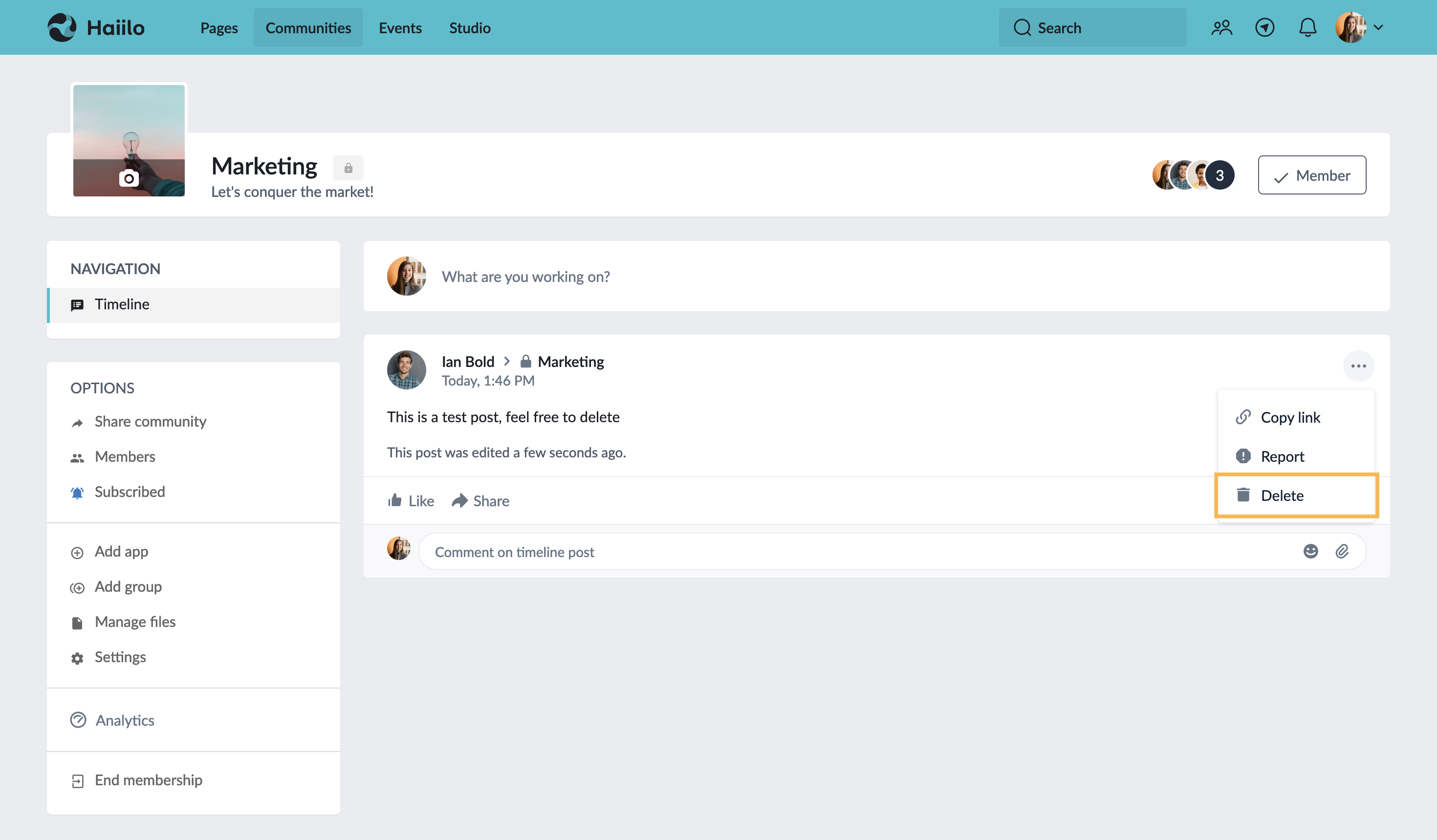 Deleting timeline posts – Haiilo Support Center