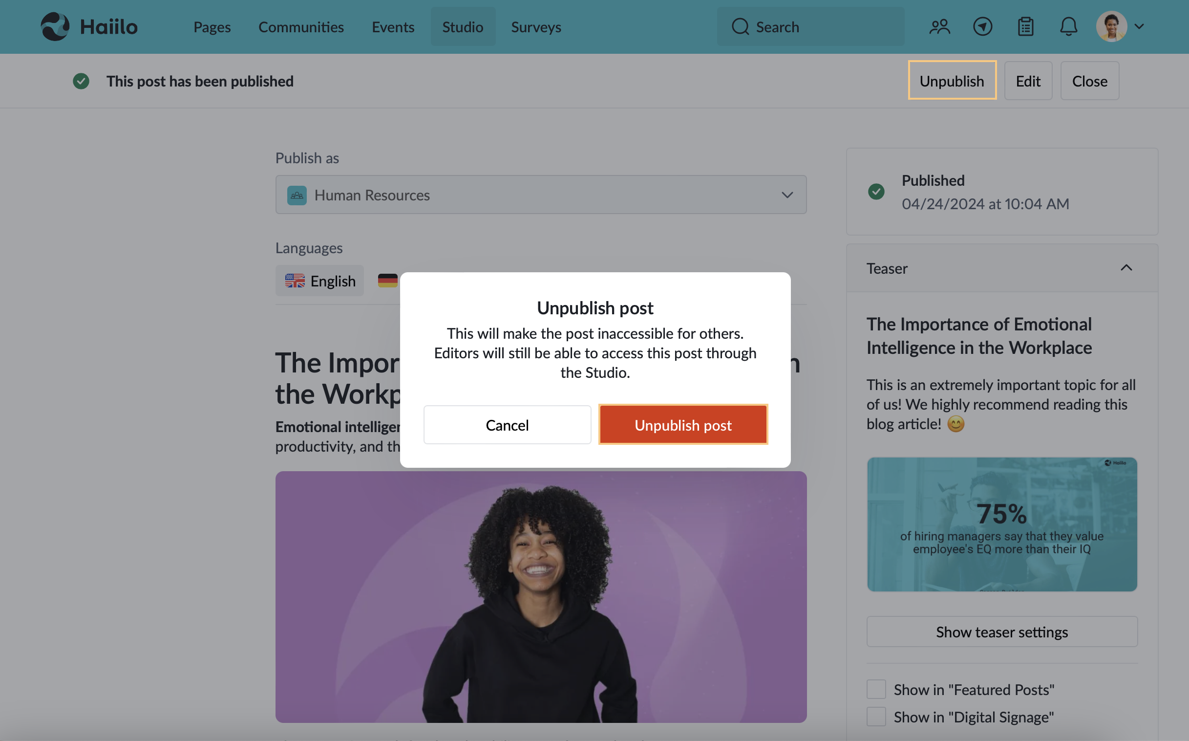 Unpublishing Multichannel posts – Haiilo Support Center