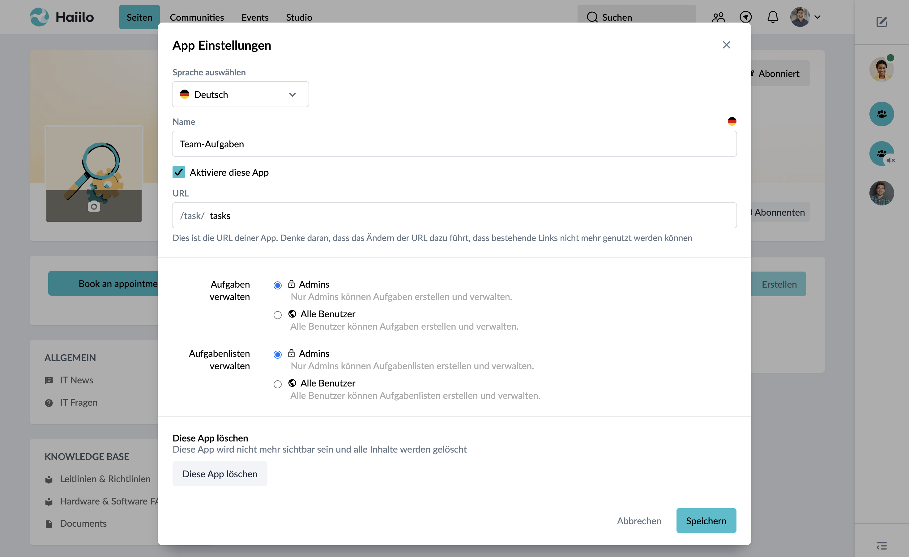 Ein Aufgaben-App einrichten – Haiilo Support Center